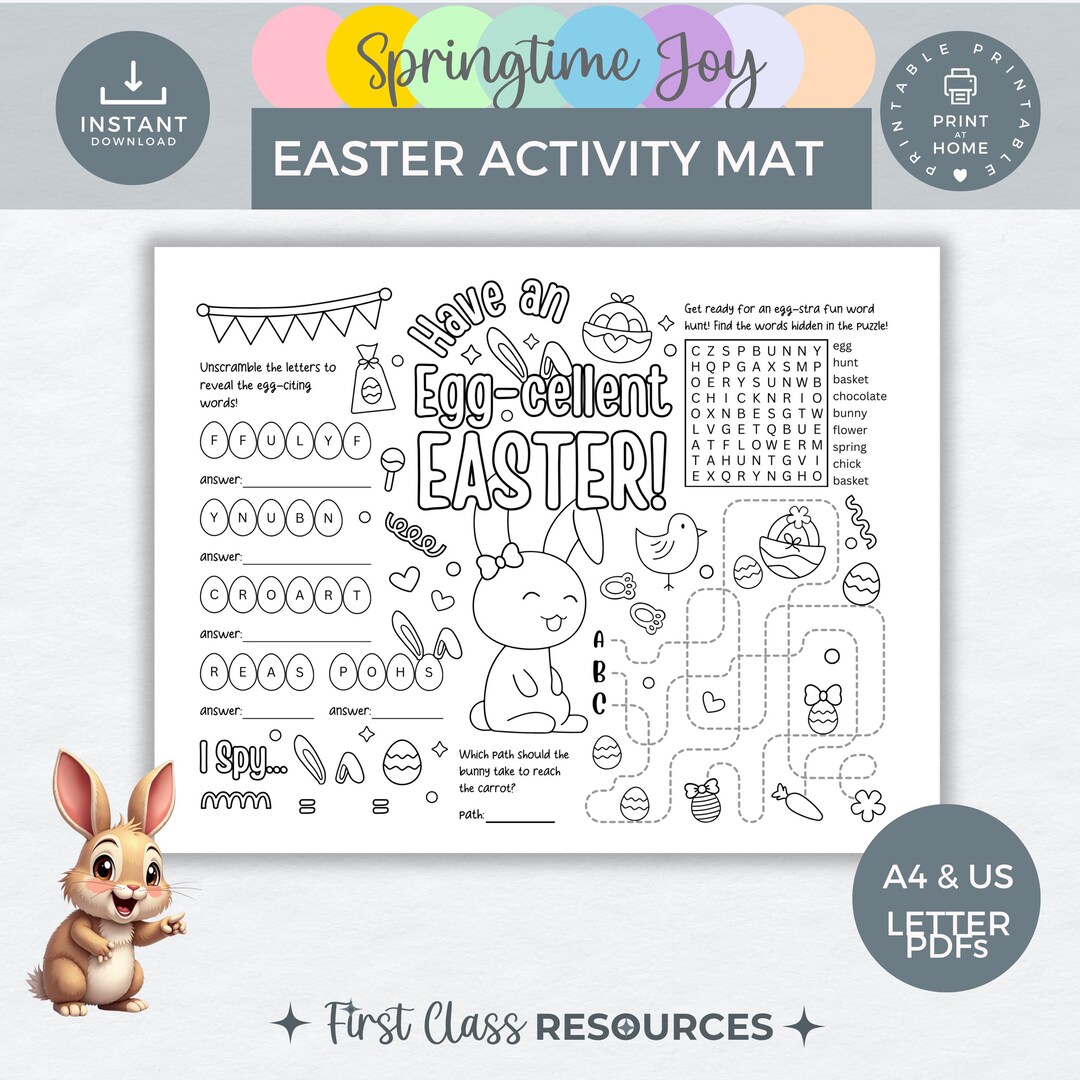 Easter Activity Mat Printable, Fun Easter Games, Coloring, Wordsearch ...