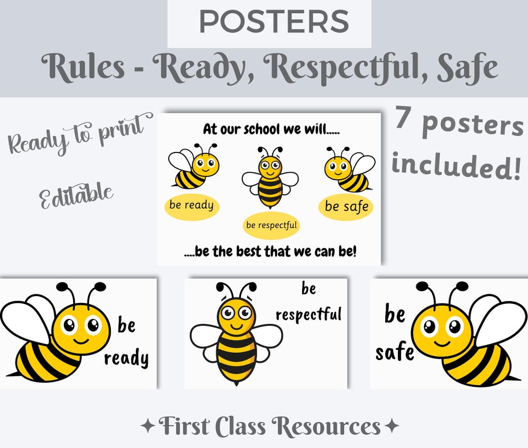 Ready Respectful Safe Posters, Three Bees, Editable School Rules ...