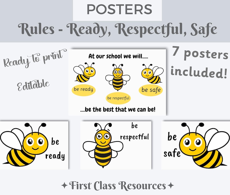 Ready Respectful Safe Posters, Three Bees, Editable School Rules ...