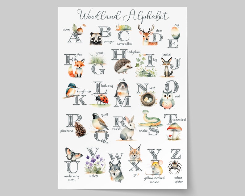 Woodland Alphabet Poster, Woodland Alphabet Print, Woodland Nursery ...