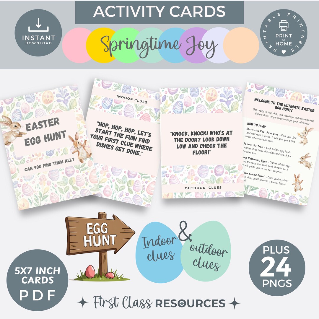 Easter Egg Hunt Clue Cards, 24 Indoor and Outdoor Riddles, Printable ...