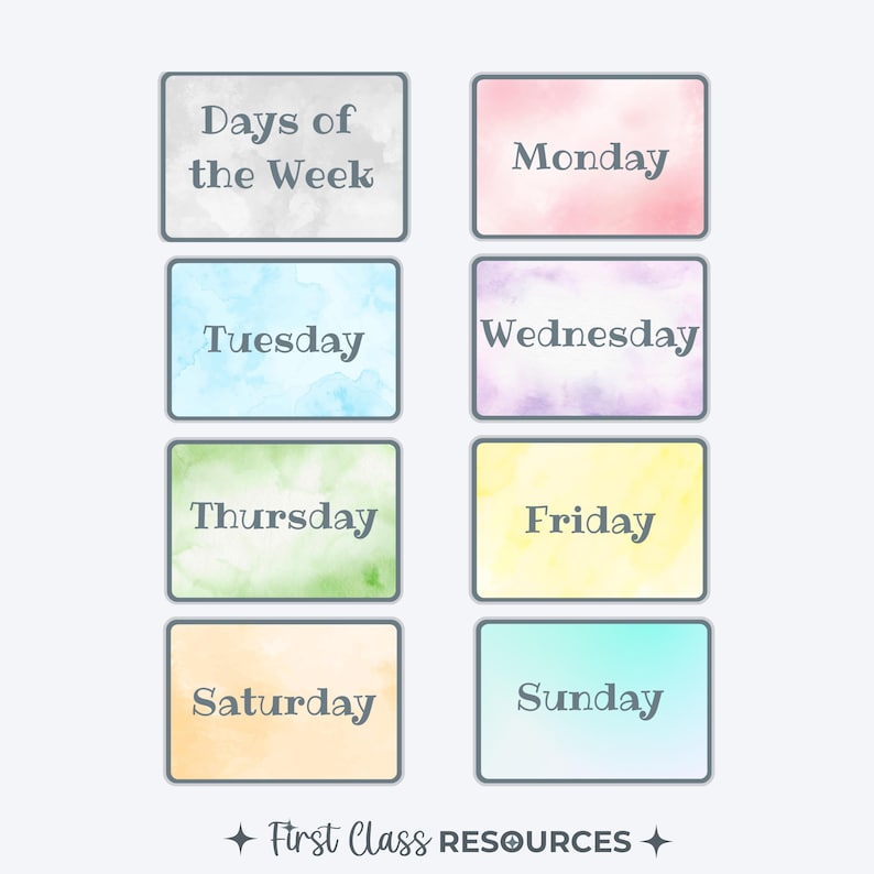Days of the Week Flashcards & Poster, Pastel Watercolor Classroom Decor ...