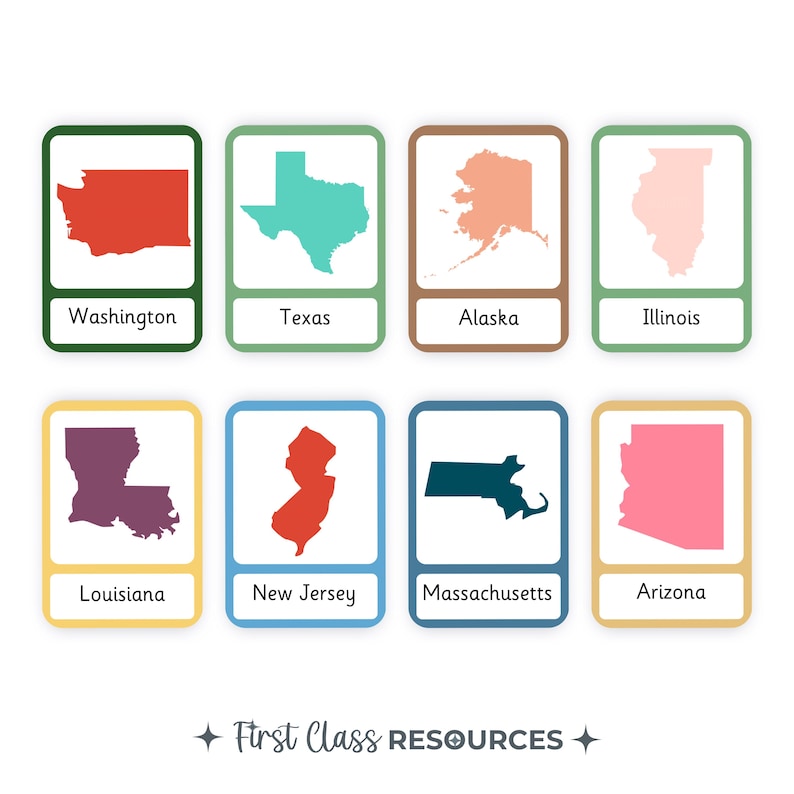 50 States Flashcards, USA States Flash Cards, State Shapes and Names ...