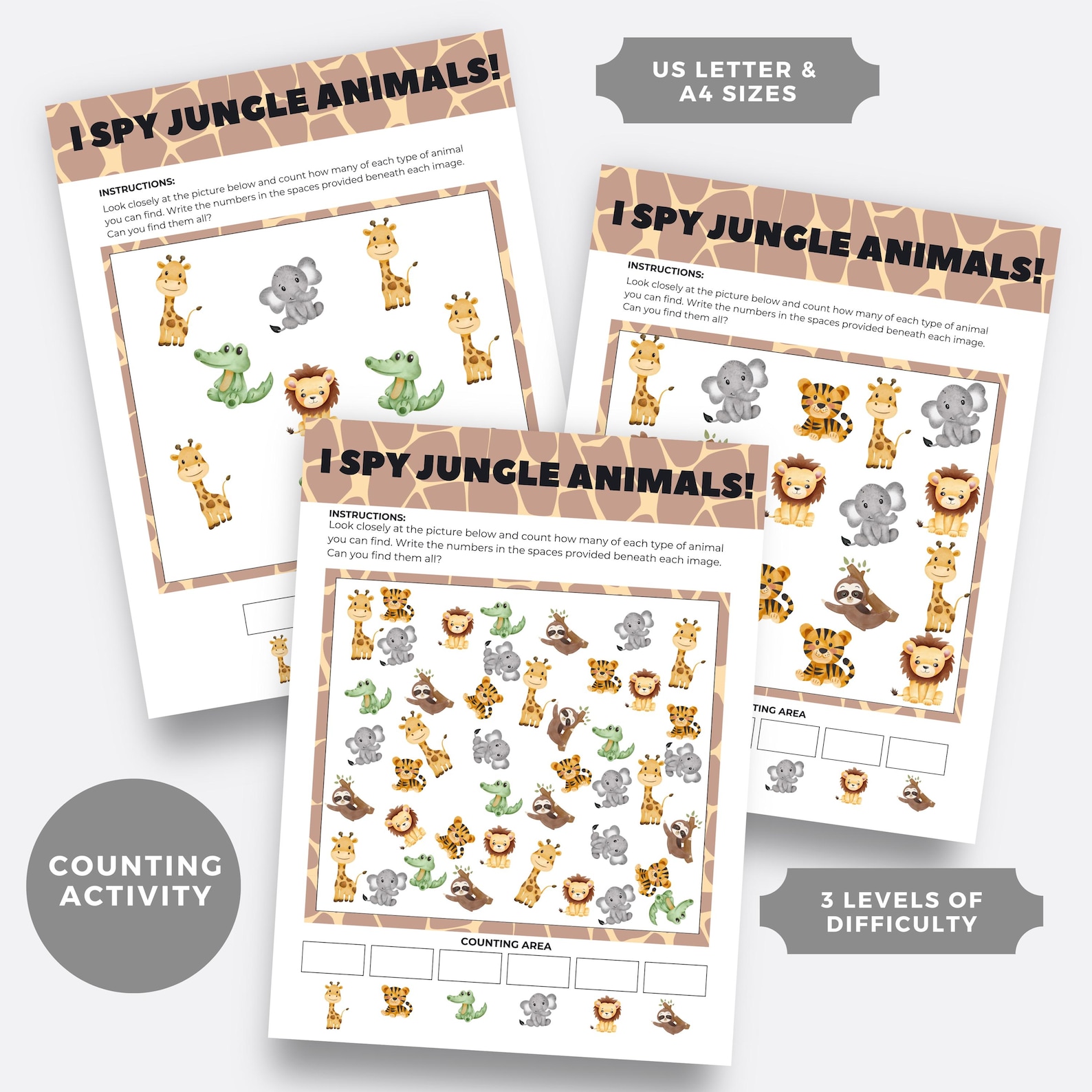 I Spy Animals Printable Activity Sheets, I Spy Jungle Animals Counting ...
