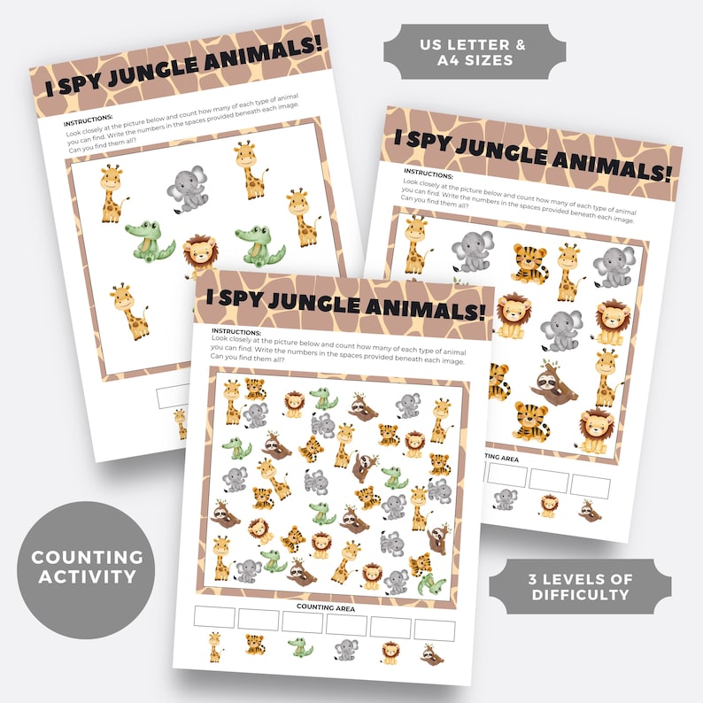 I Spy Animals Printable Activity Sheets, I Spy Jungle Animals Counting ...
