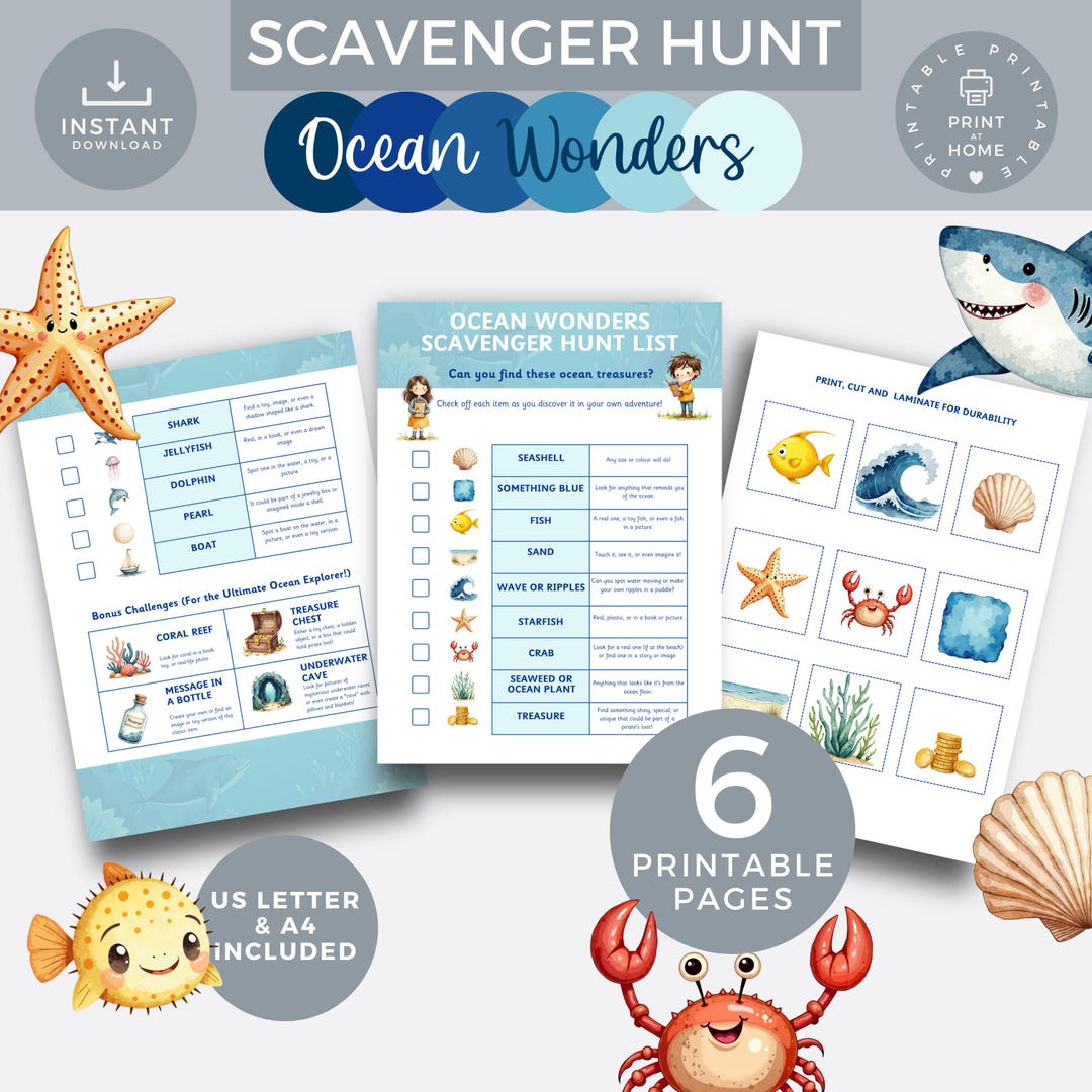 Ocean Wonders Scavenger Hunt Printable Kid Activity Sea Creatures ...