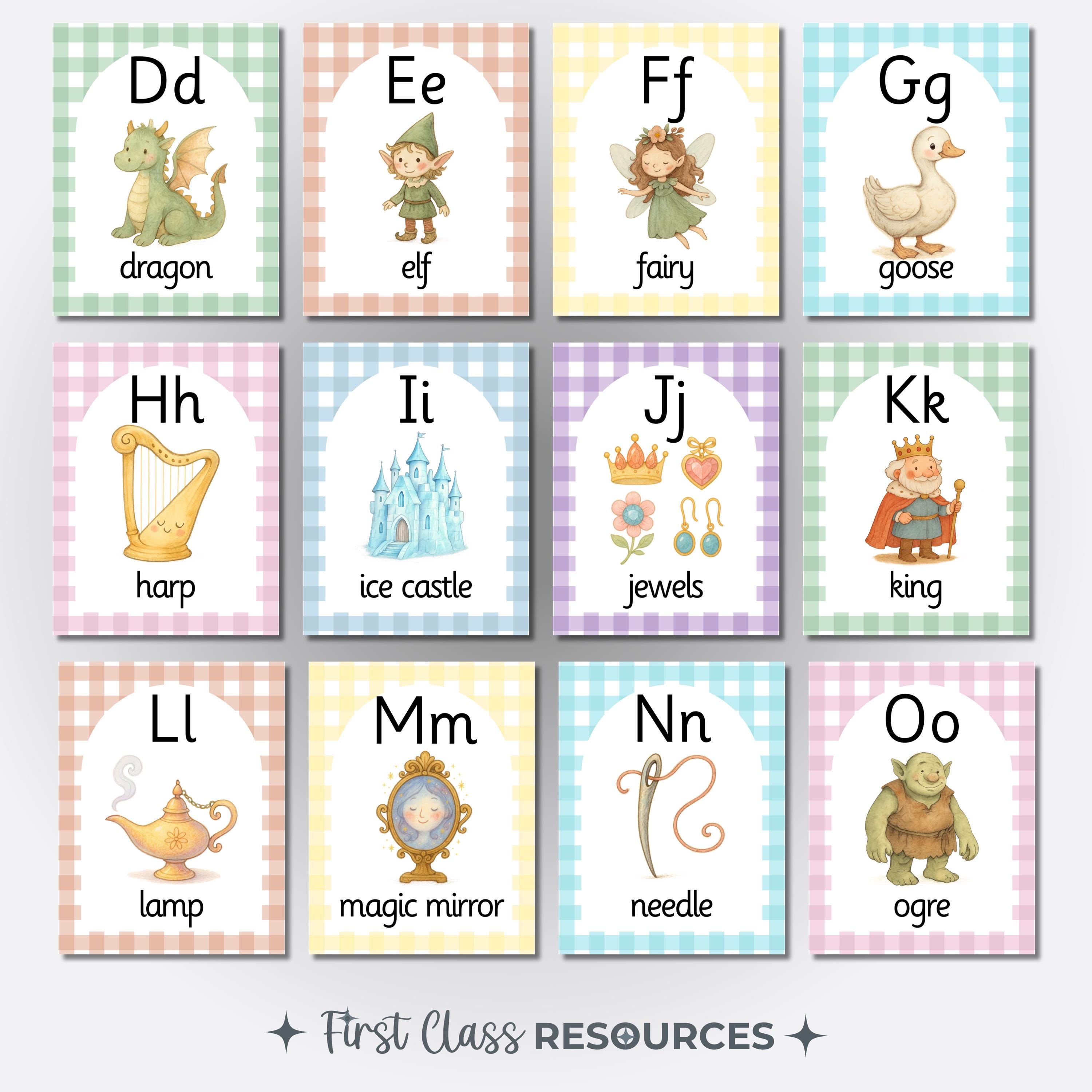 Gingham Alphabet Posters Pastel, Fairy Tale ABC Wall Decor, Storybook ...