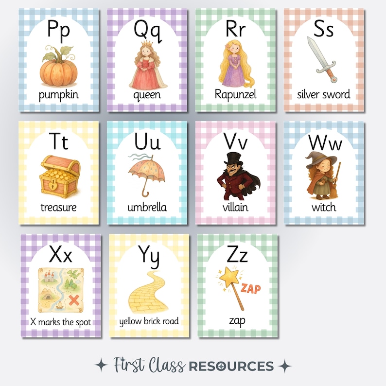 Gingham Alphabet Posters Pastel, Fairy Tale ABC Wall Decor, Storybook ...