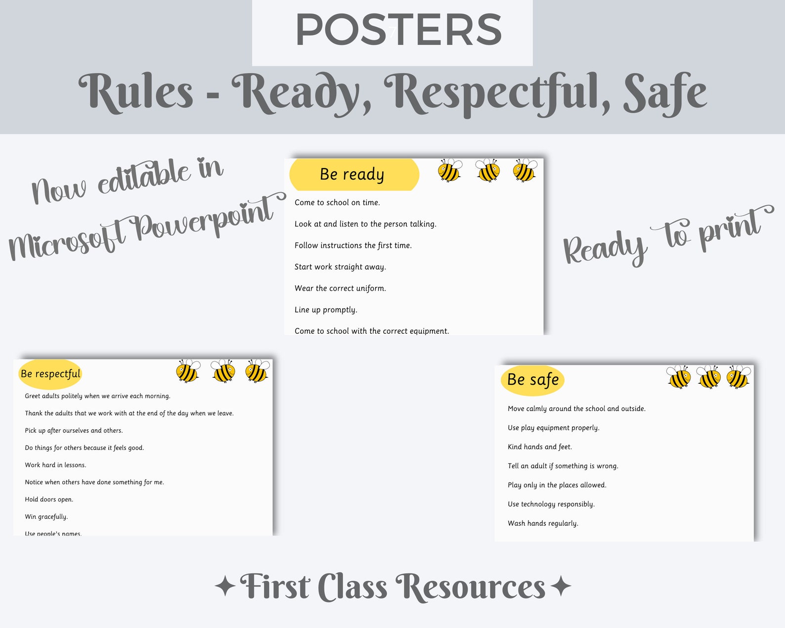 Ready Respectful Safe Posters, Three Bees, Editable School Rules ...