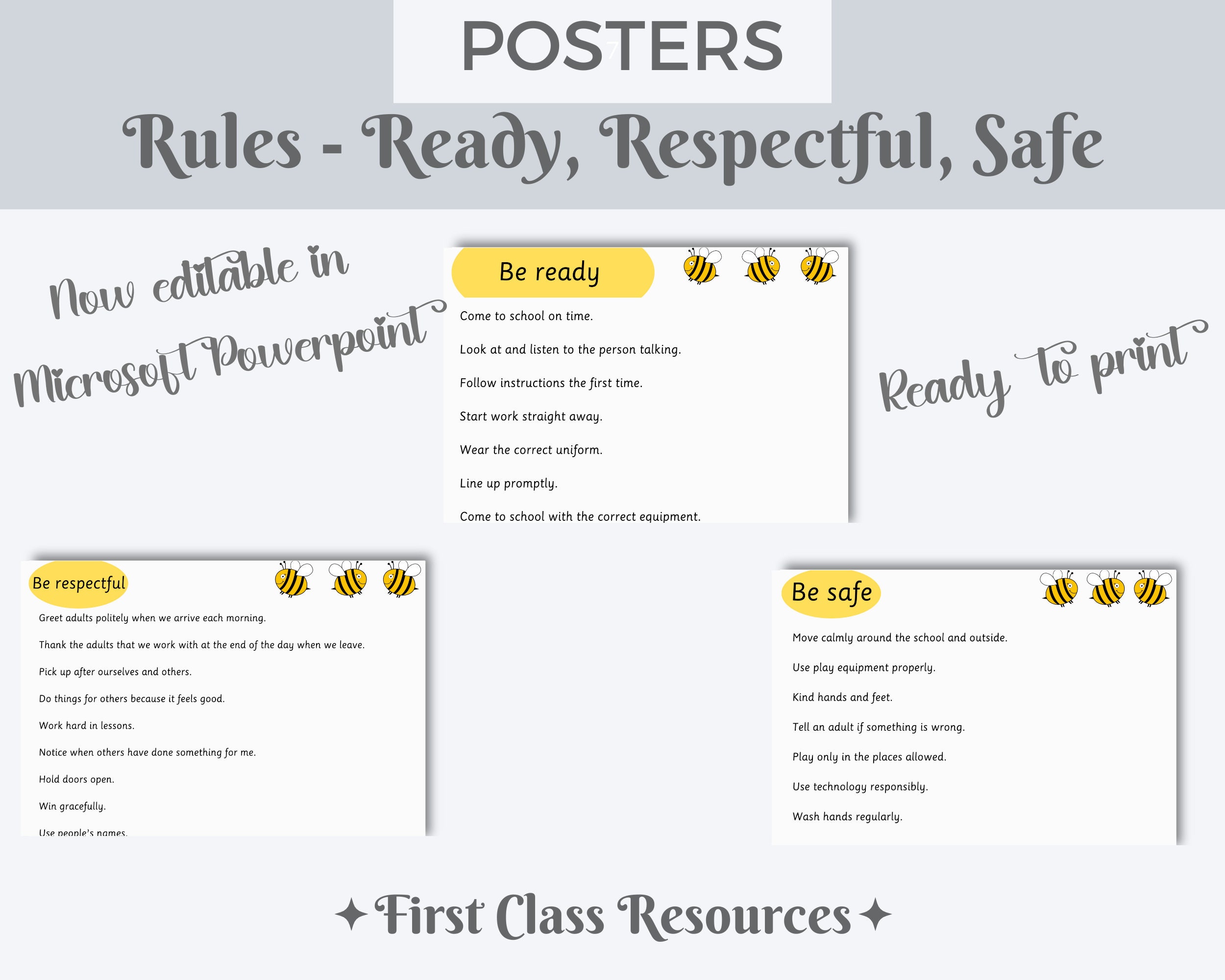 Ready Respectful Safe Posters, Three Bees, Editable School Rules ...