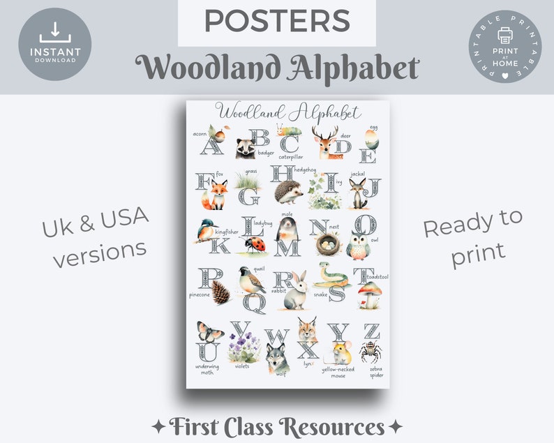 Woodland Alphabet Poster, Woodland Alphabet Print, Woodland Nursery ...