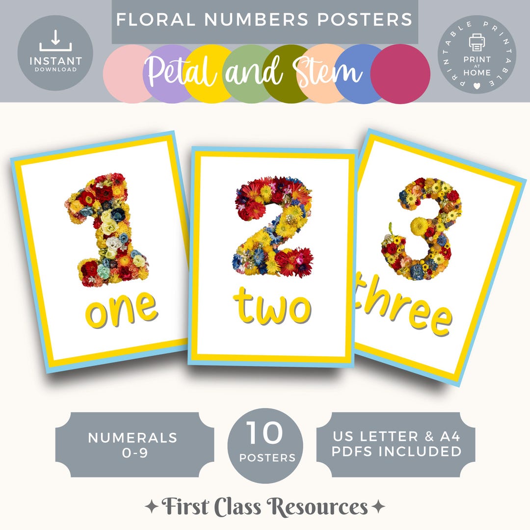 Floral Number Posters, US Letter A4 Pdfs, Nature Natural Learning, Real ...