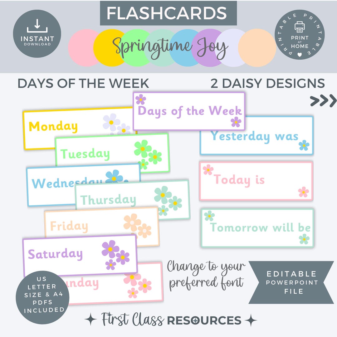 Days of Week Flashcards Flash Cards Printable Spring Theme Daisy ...