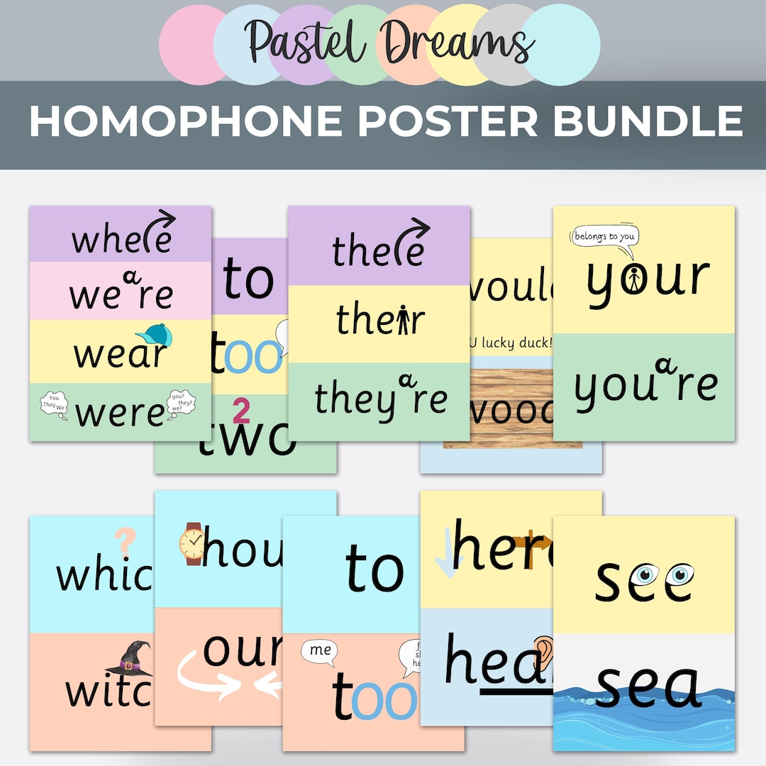 Homophone Classroom Posters Bundle, Pastel Classroom Decor, Spelling ...