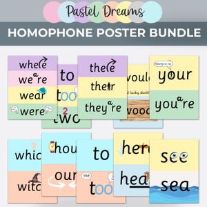 Homophone Classroom Posters Bundle, Pastel Classroom Decor, Spelling ...