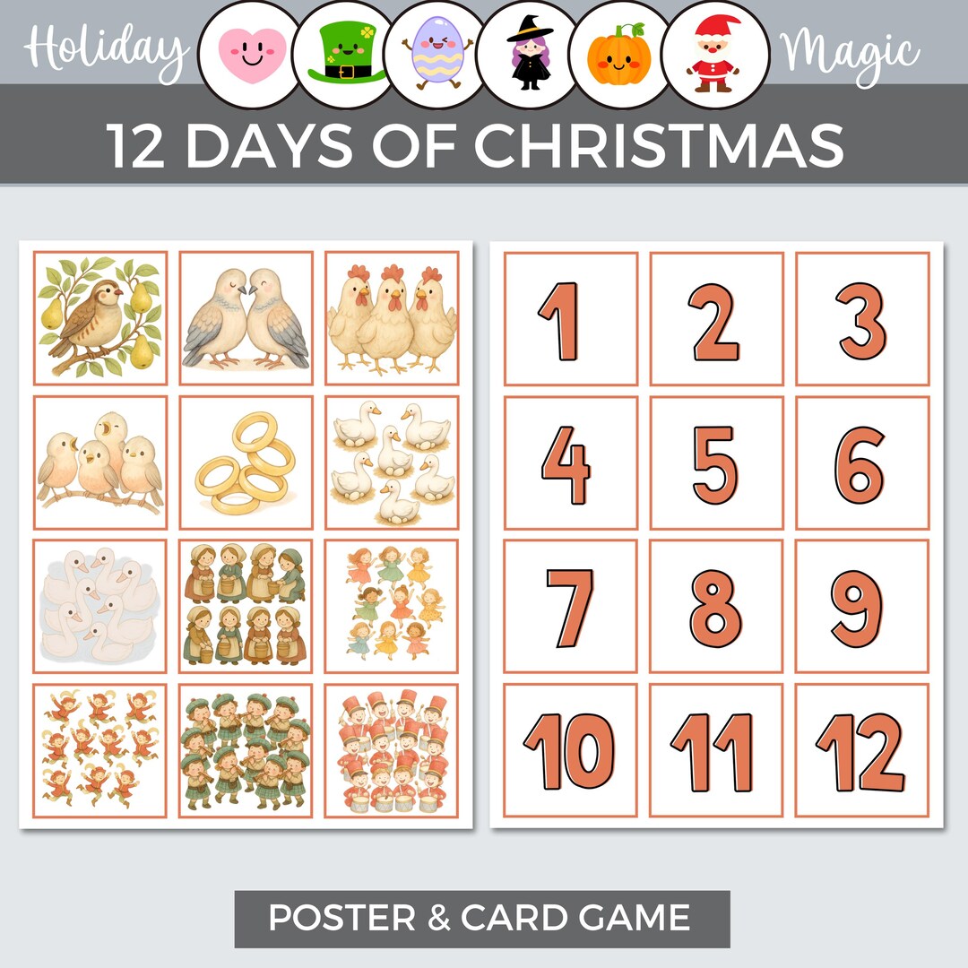 12 Days of Christmas Poster, Christmas Card Game for Kids, Holiday ...