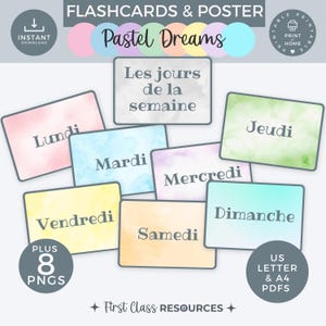 French Days of the Week Flashcards & Poster, Pastel Watercolor ...
