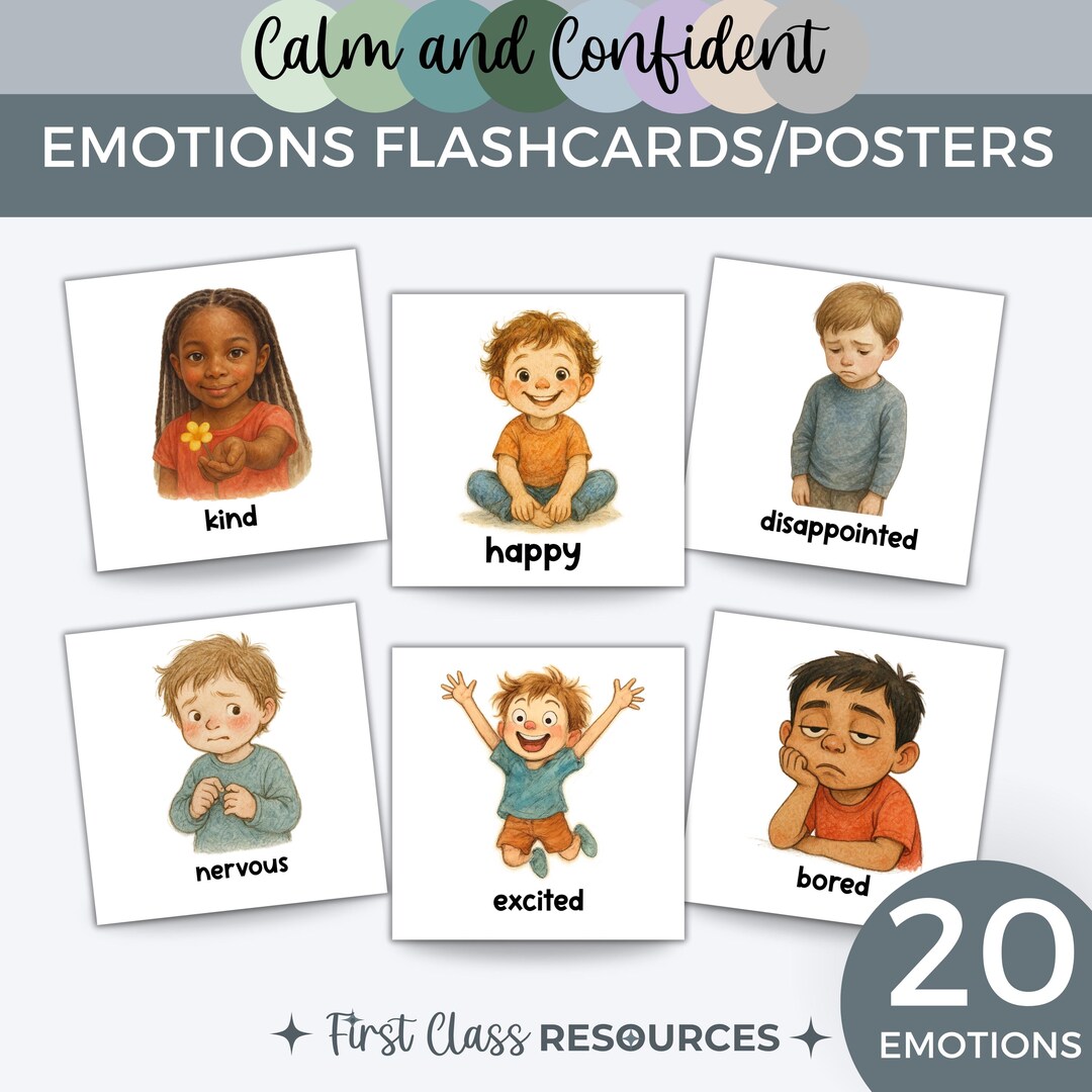 Emotion Face Flashcards for Kids, Feelings Poster Set, Calm and ...