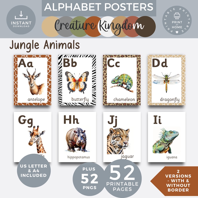 Jungle Animals Alphabet Posters, Animal Print & Plain Versions, A-Z ...