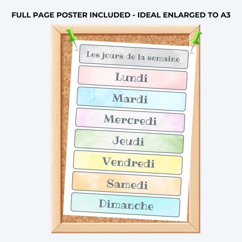 French Days of the Week Flashcards & Poster, Pastel Watercolor ...