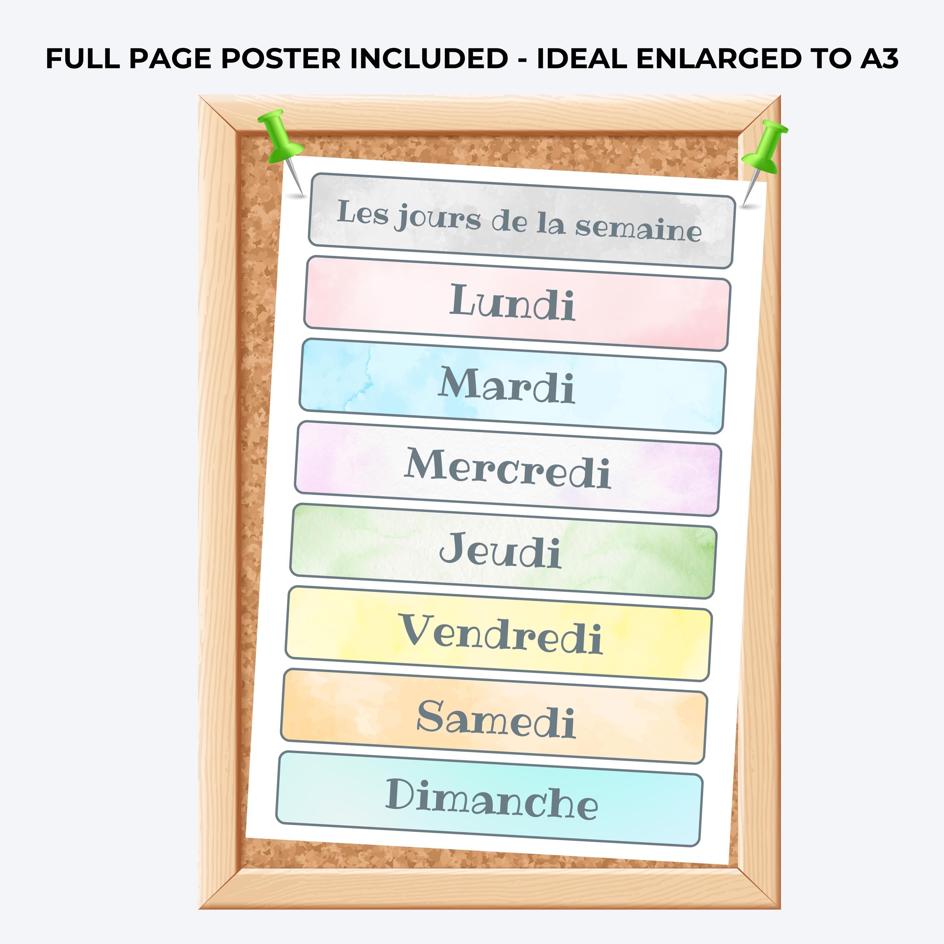 French Days of the Week Flashcards & Poster, Pastel Watercolor ...