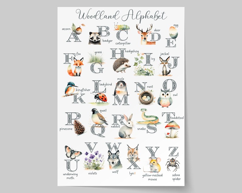 Woodland Alphabet Poster, Woodland Alphabet Print, Woodland Nursery ...