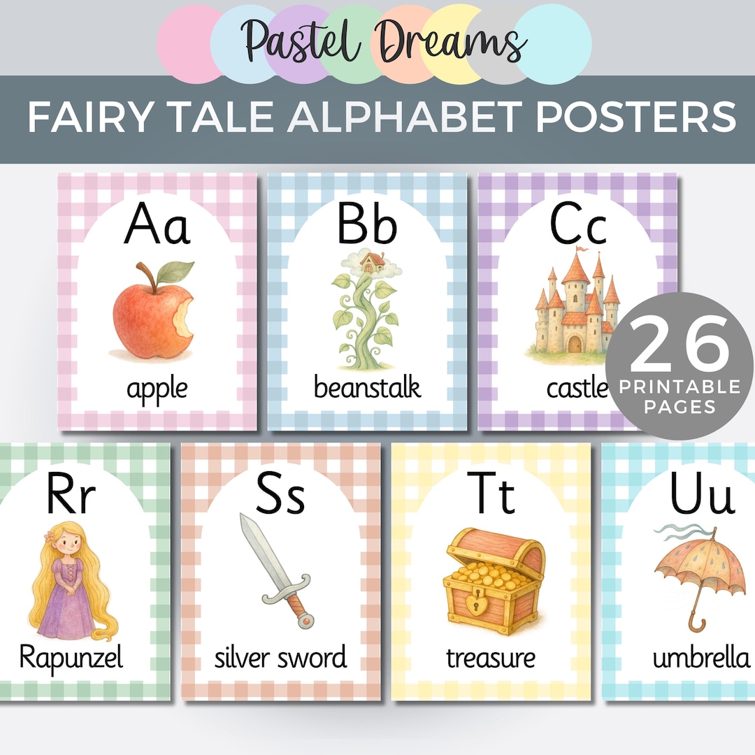 Gingham Alphabet Posters Pastel, Fairy Tale ABC Wall Decor, Storybook ...