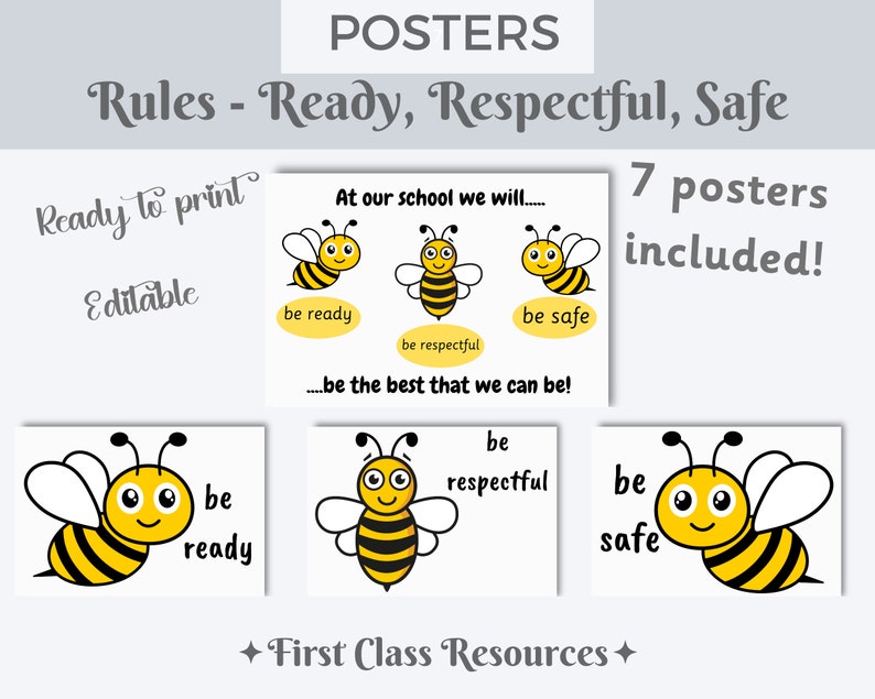 Ready Respectful Safe Posters, Three Bees, Editable School Rules ...