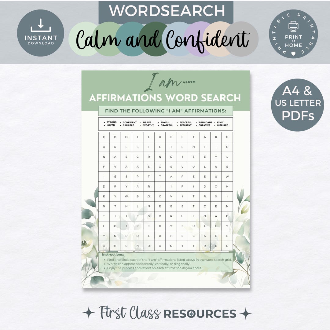 I Am Affirmations Word Search, Mindfulness Activity, SEL Worksheet ...