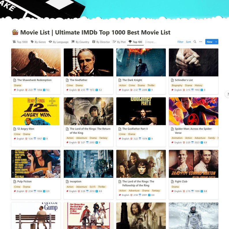 Movie List Notion Template | Ultimate Imdb Top 1000 Best Movie List - Etsy