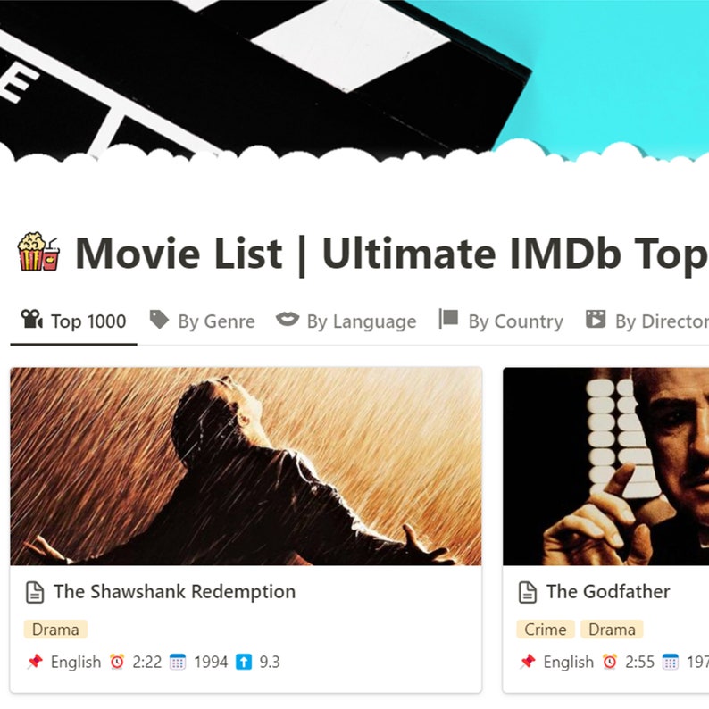 Movie List Notion Template | Ultimate Imdb Top 1000 Best Movie List - Etsy