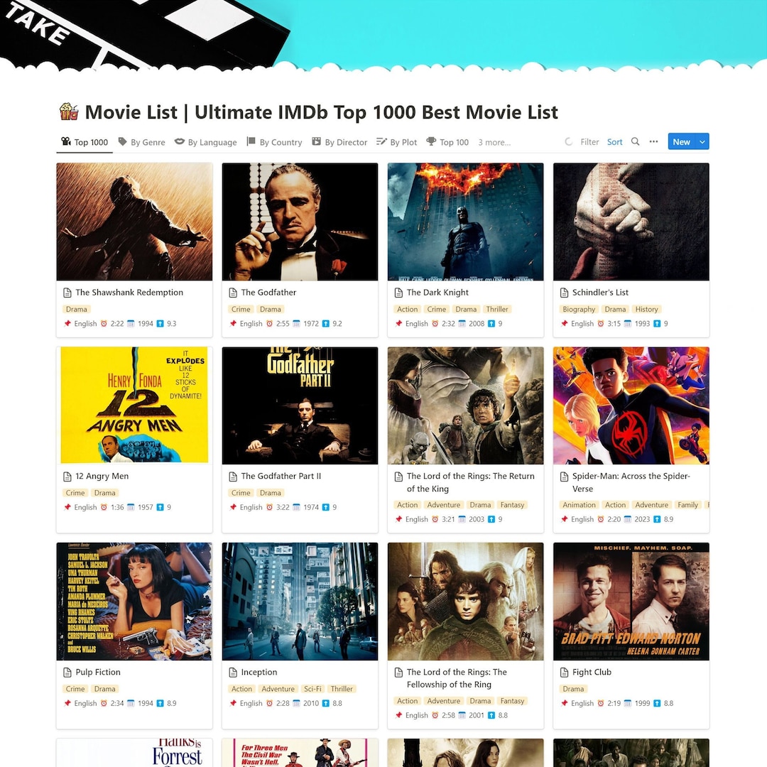 Movie List Notion Template | Ultimate Imdb Top 1000 Best Movie List - Etsy