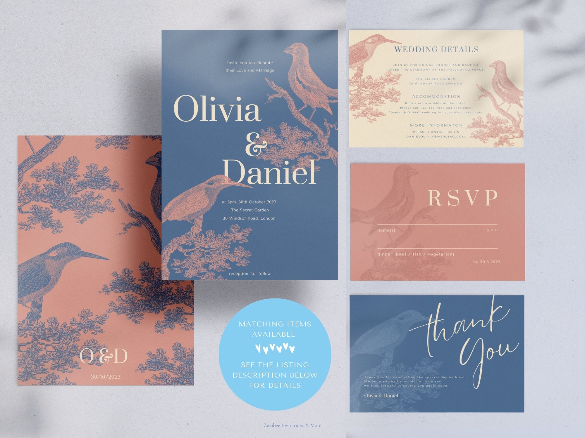 Whimsical Love Birds Wedding Invitation Template Set, Birds Wedding ...