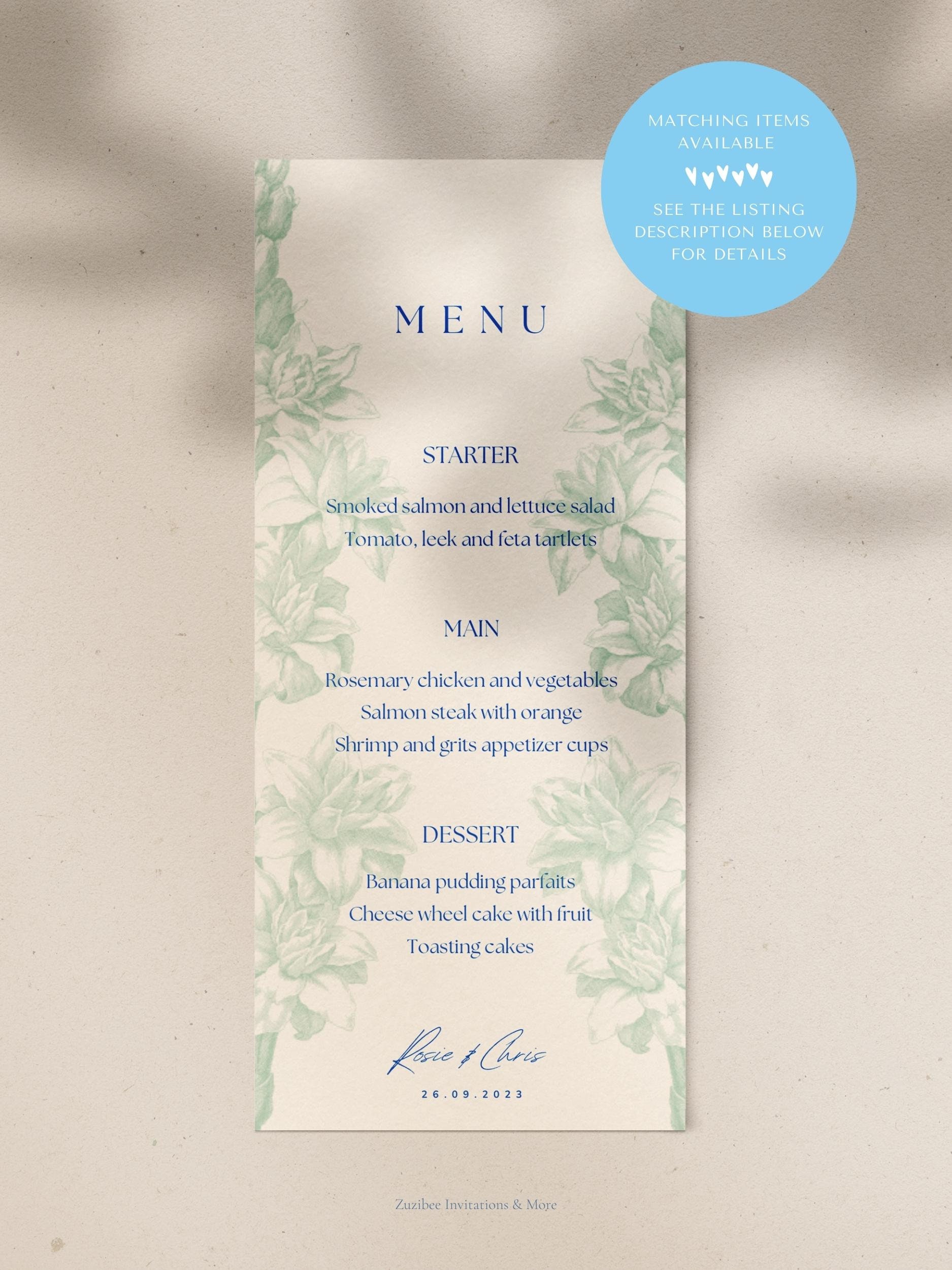 Green Flowers Wedding Menu Template, Flowers Menu Template, Dinner ...
