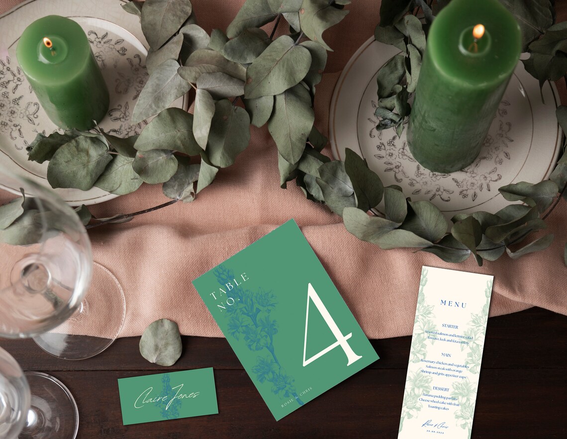 Green Flowers Wedding Menu Template Set Flowers Dinner Party - Etsy