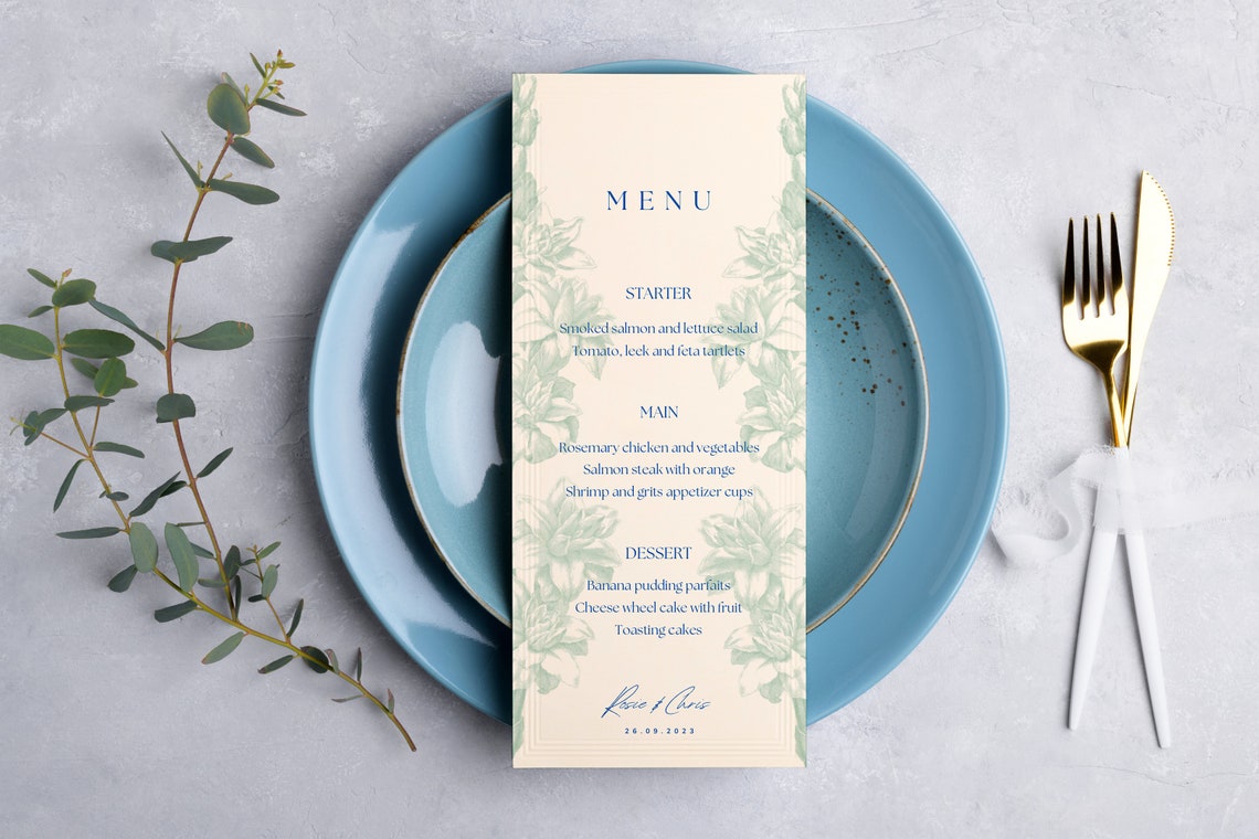 Green Flowers Wedding Menu Template Set Flowers Dinner Party - Etsy