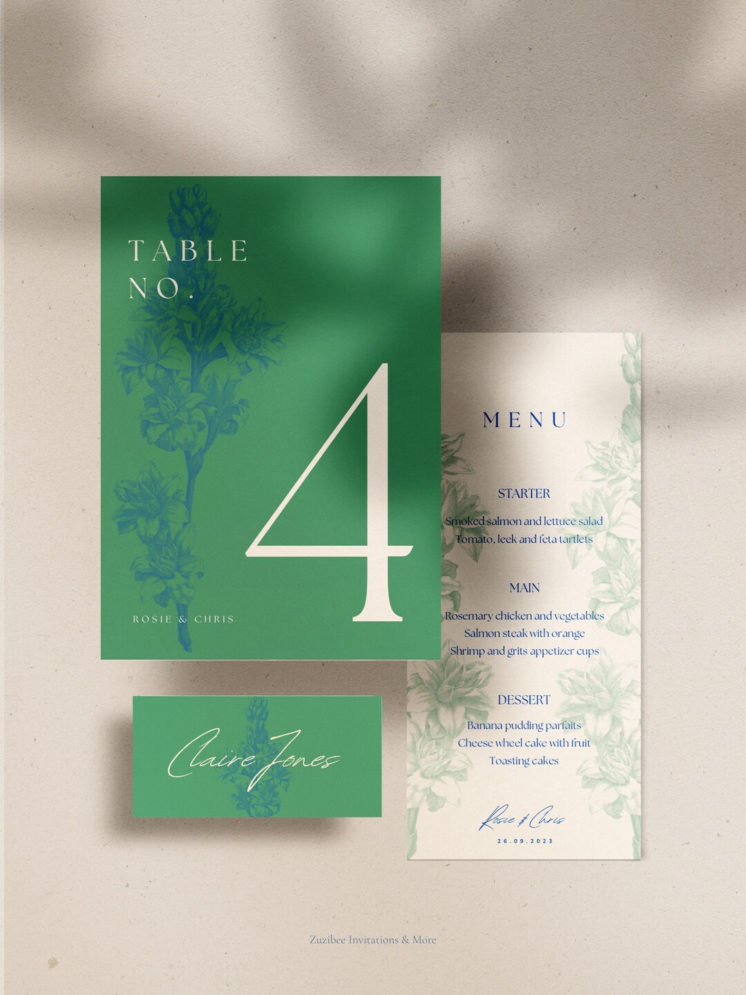 Green Flowers Wedding Menu Template Set, Flowers, Dinner Party Menu ...