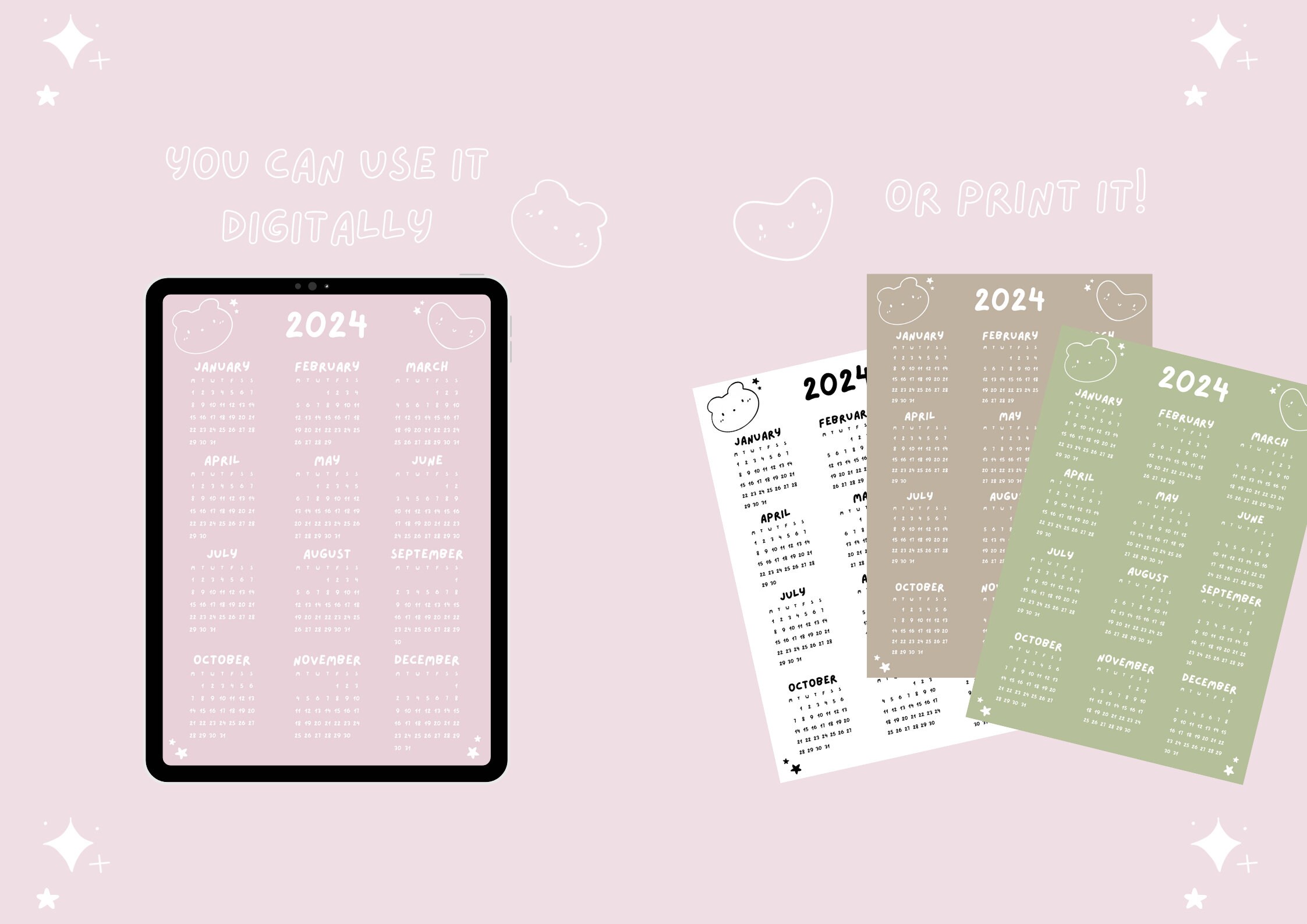 2024 Yearly Calendar | Digital Calendar | Printable Calendar - Etsy