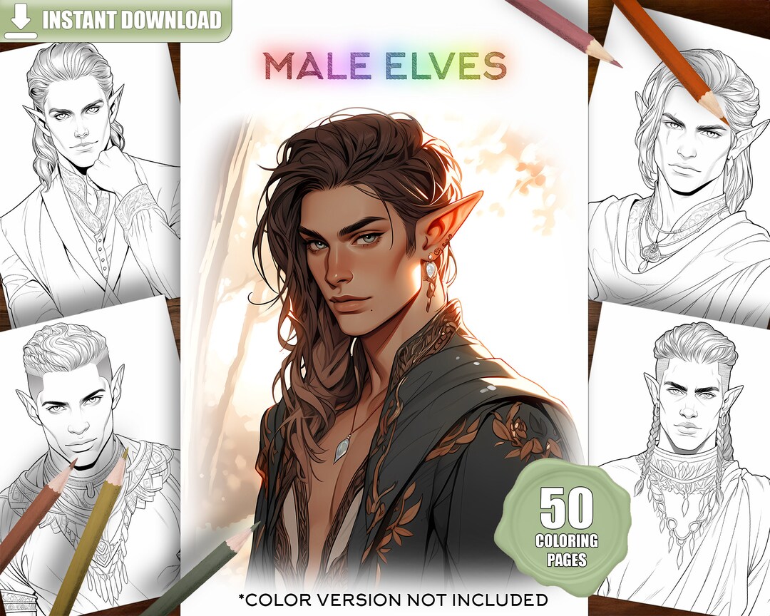 50 Anime Male Elves Coloring Book for Adults, Forest Elf Coloring Page ...