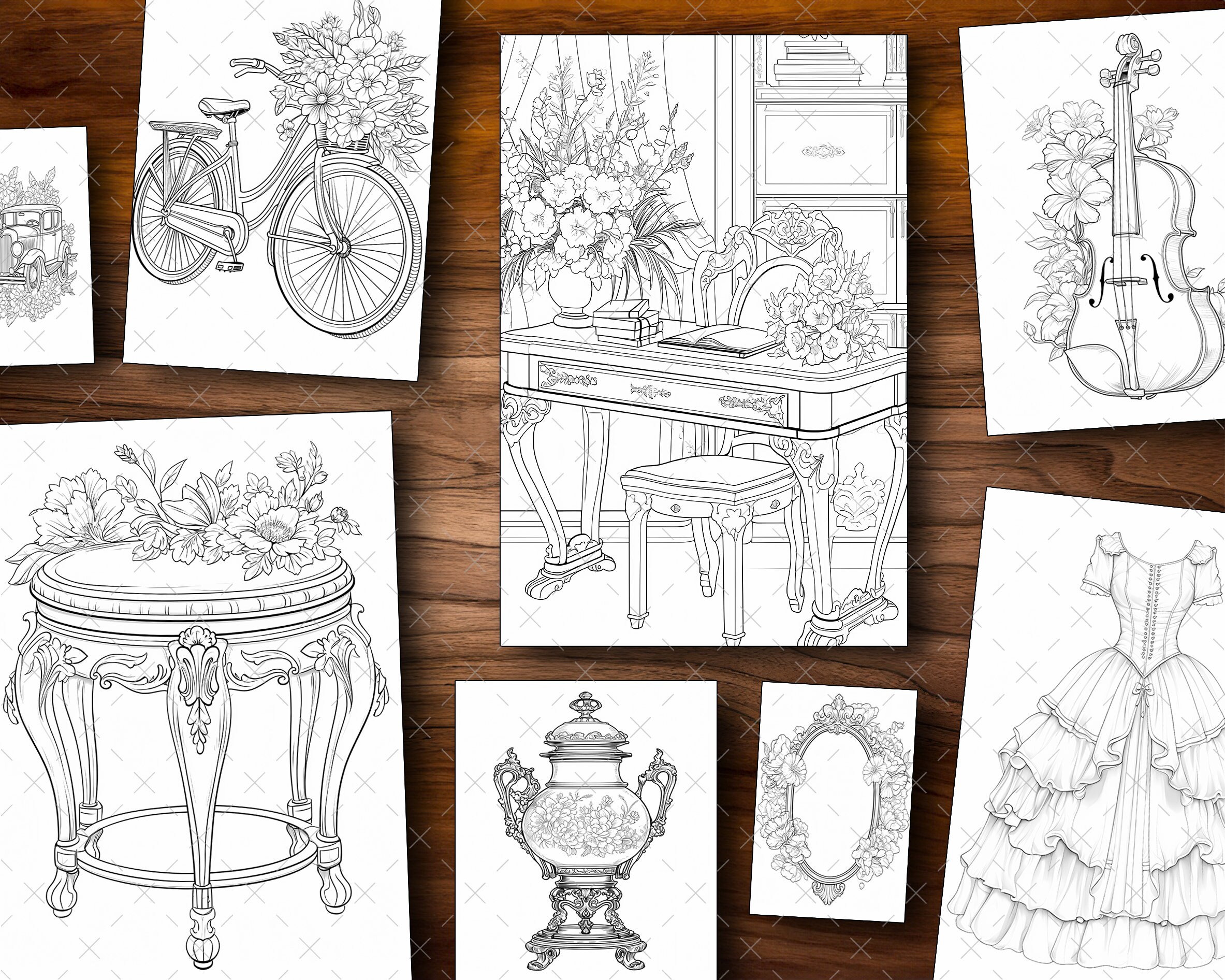 Antique Coloring Book, Adults Kids Coloring Page, Grayscale Coloring ...