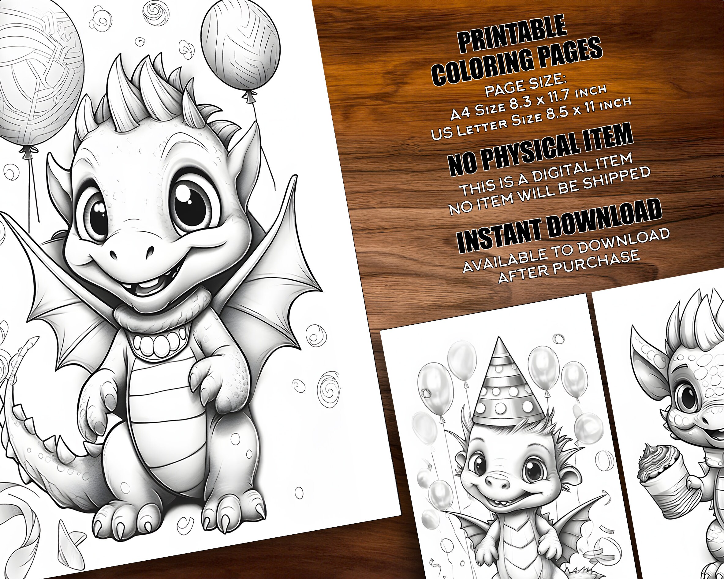 15 Baby Party Dragon Fantasy Coloring Page Book, Adults Kids, Digital ...