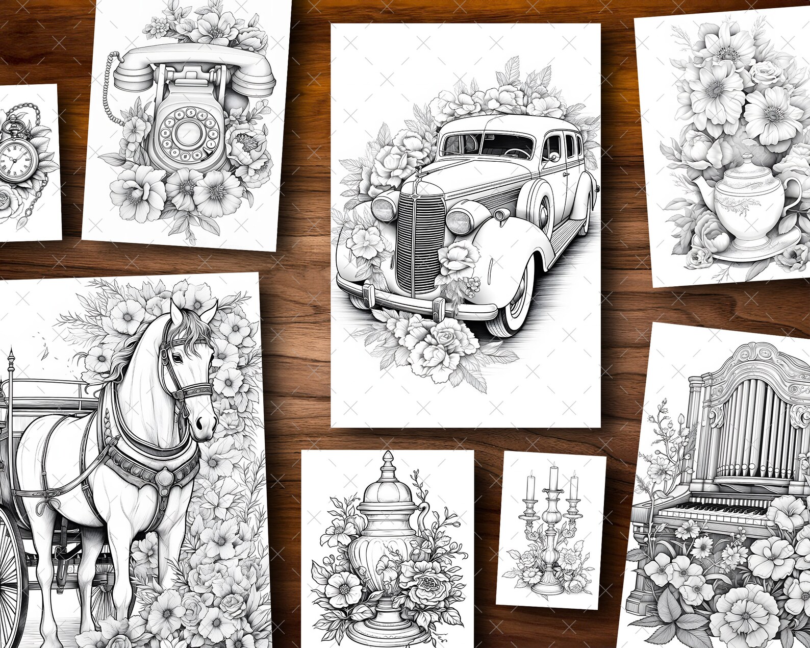 Antique Coloring Book Flowers, Adults Kids Coloring Page, Grayscale ...