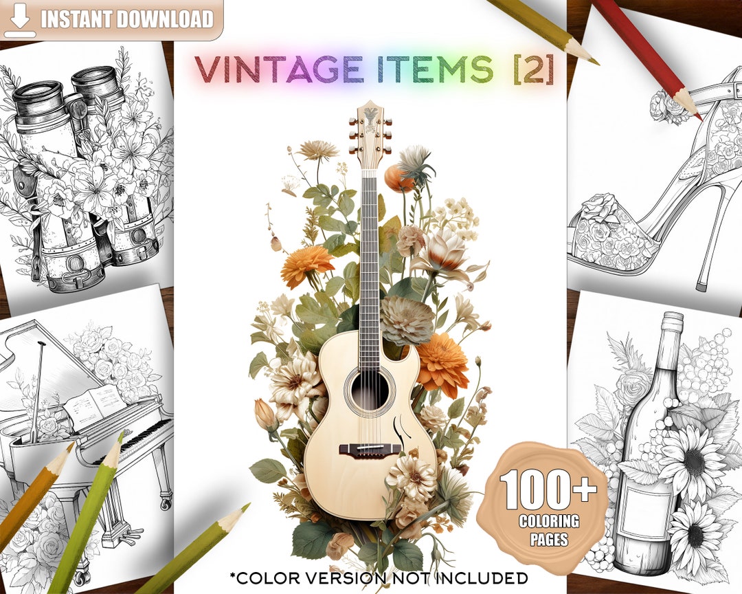 Antique Coloring Book, Adults Kids Coloring Page, Grayscale Coloring ...