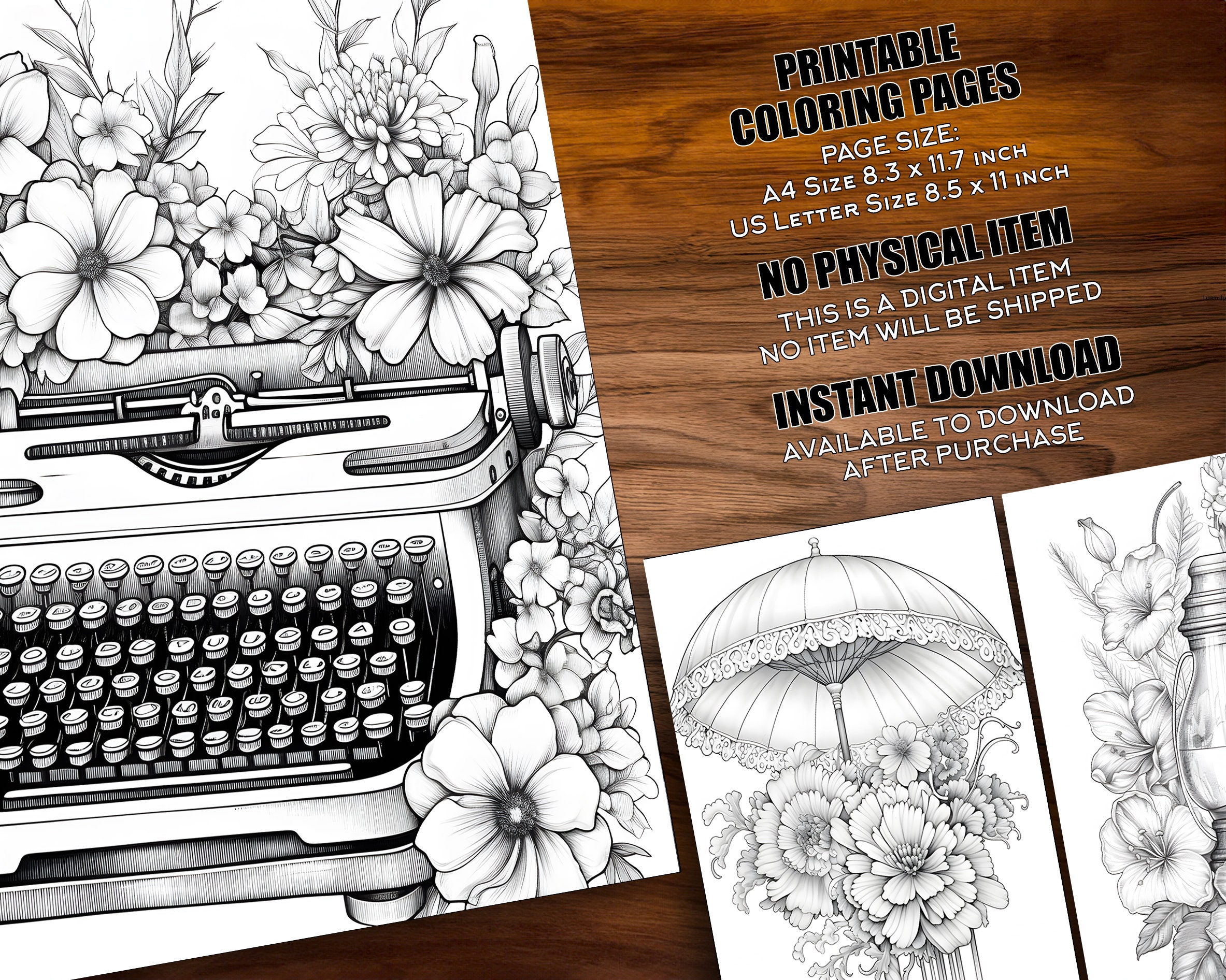 Antique Coloring Book Flowers, Adults Kids Coloring Page, Grayscale ...