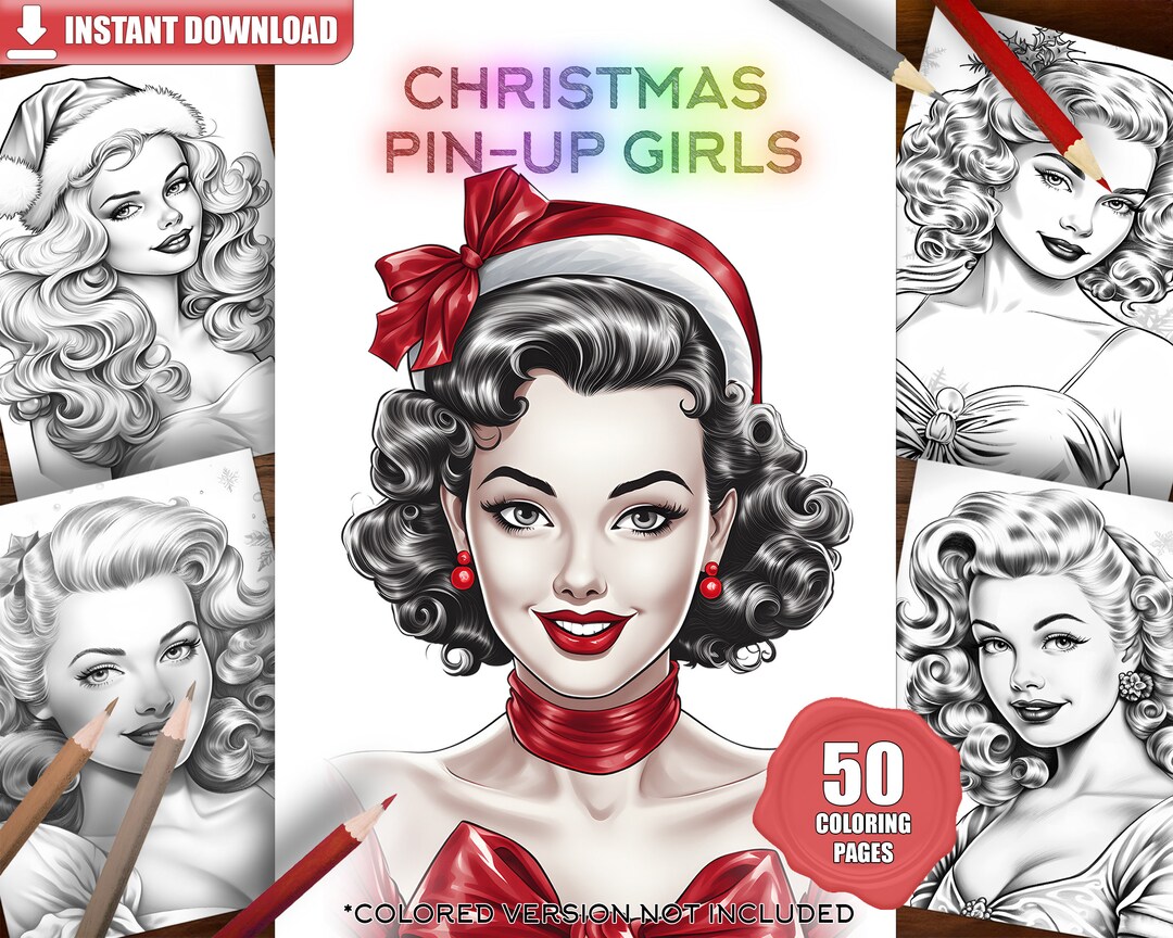 50 Christmas Pin up Girls Coloring Pages, Adults Grayscale Coloring ...