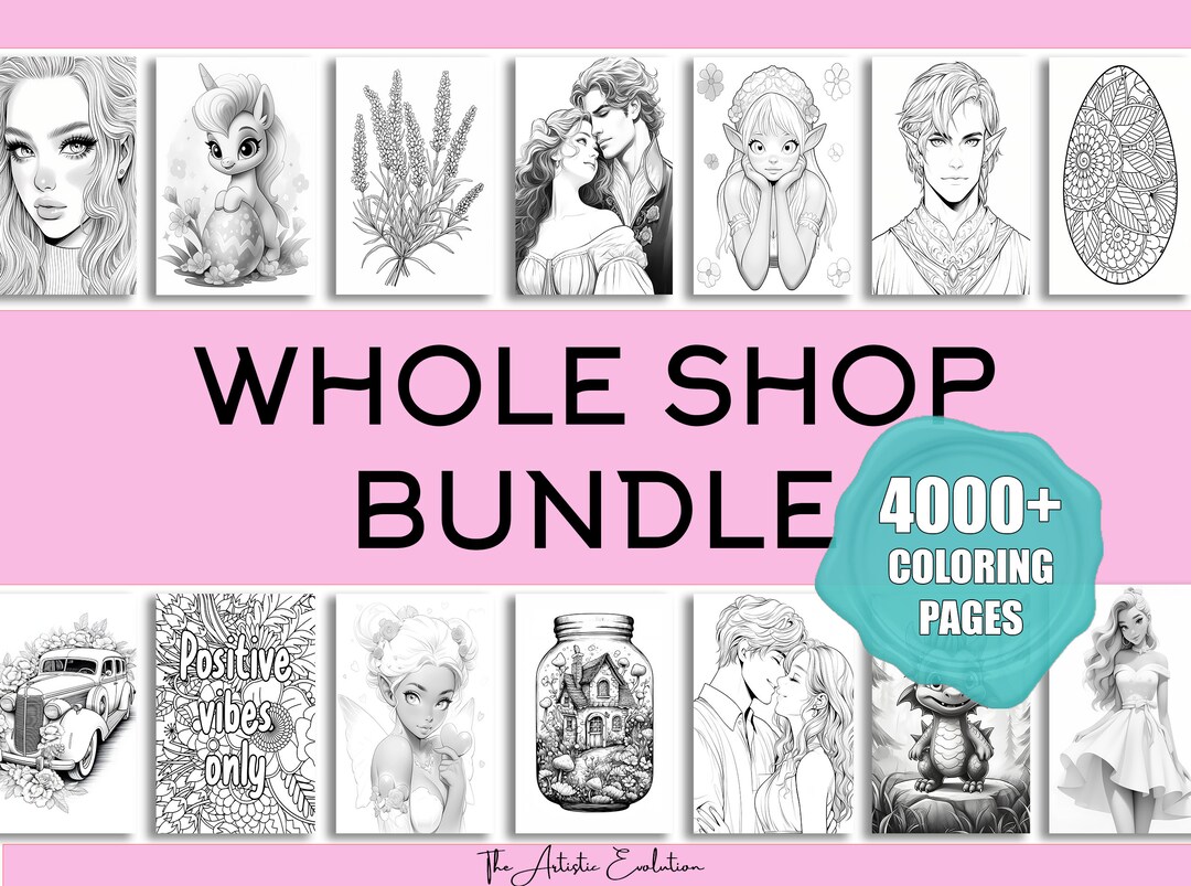 4000 Coloring Pages Whole Shop Bundle, Grayscale Coloring Book for ...