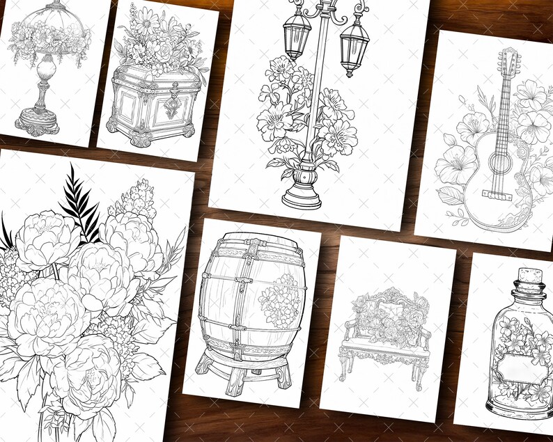 Antique Coloring Book, Adults Kids Coloring Page, Grayscale Coloring ...