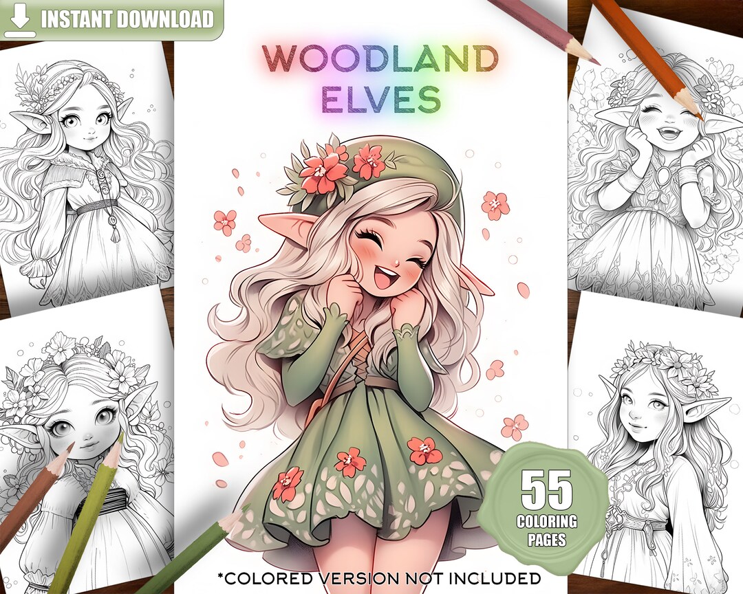 55 Forest Elves Coloring Pages, Kids Adults Coloring Book, Digital ...