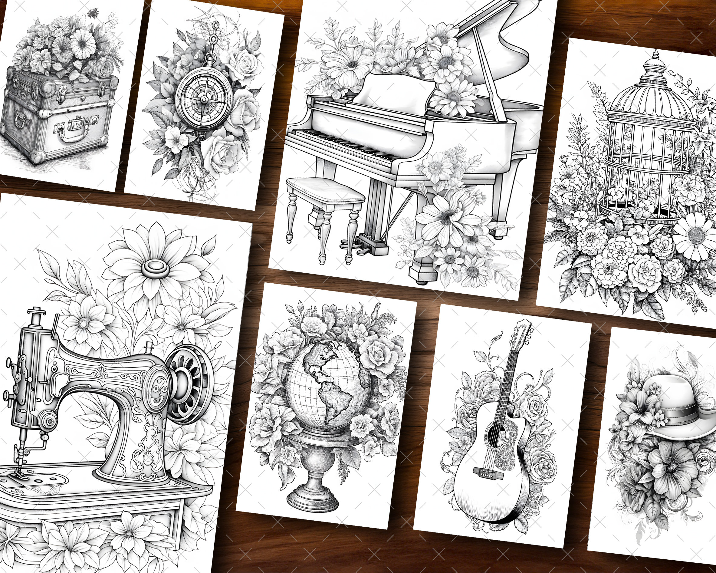 Antique Coloring Book Flowers, Adults Kids Coloring Page, Grayscale ...