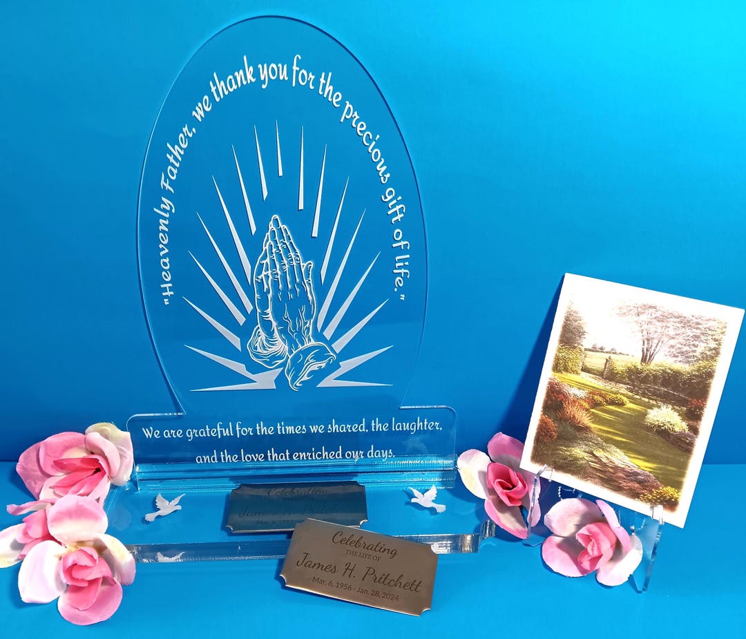 CELEBRATION OF LIFE Praying Hands Funeral Display Memorial Memory ...